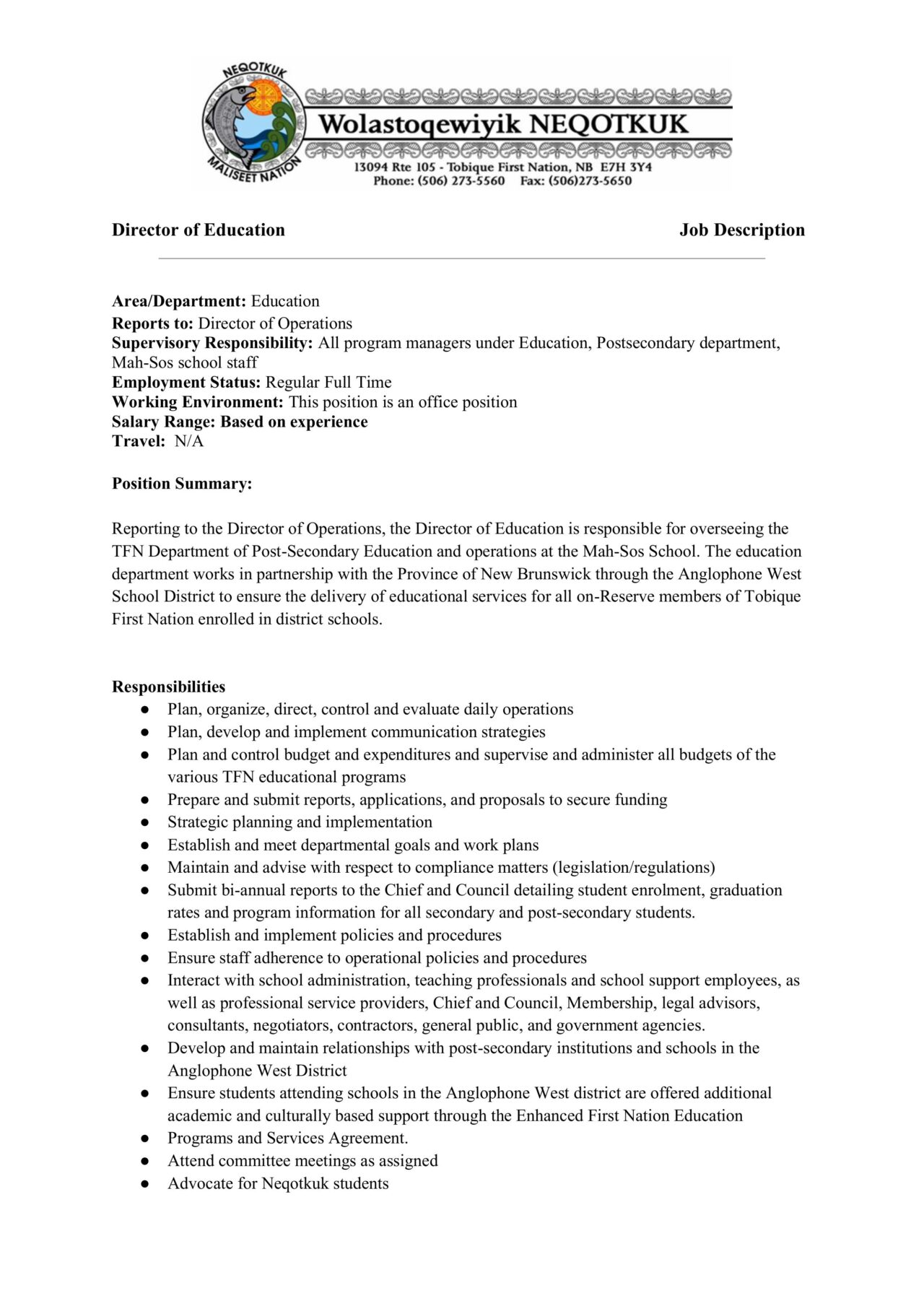 Employment Opportunity: Director of Education | Tobique First Nation