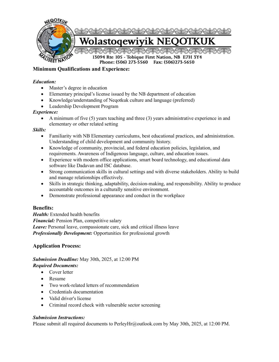 Employment Opportunity: Principal for Mah-Sos | Tobique First Nation